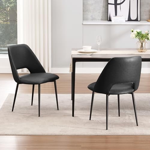 Black Leather Dining Chairs Set of 2, Mid Century Modern Dining Chair ...