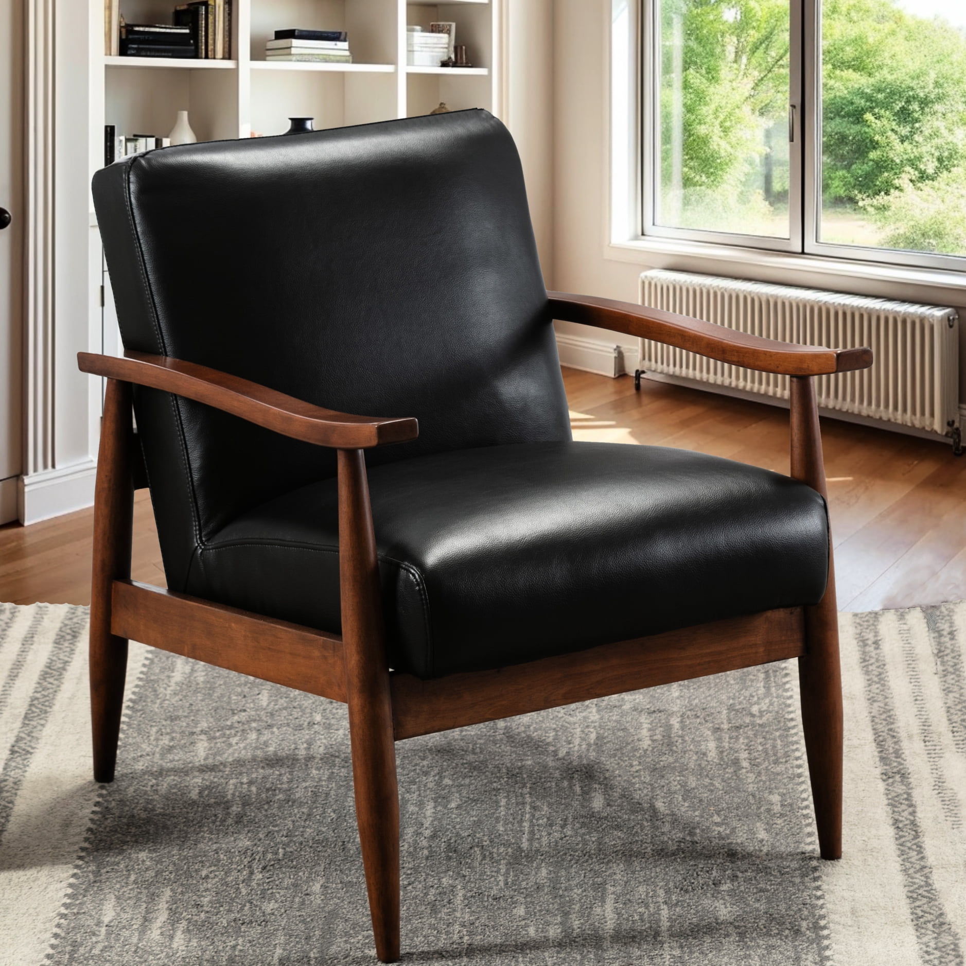 Black Leather Gel Armchair With Wooden Support And Foam Filling Accent ...