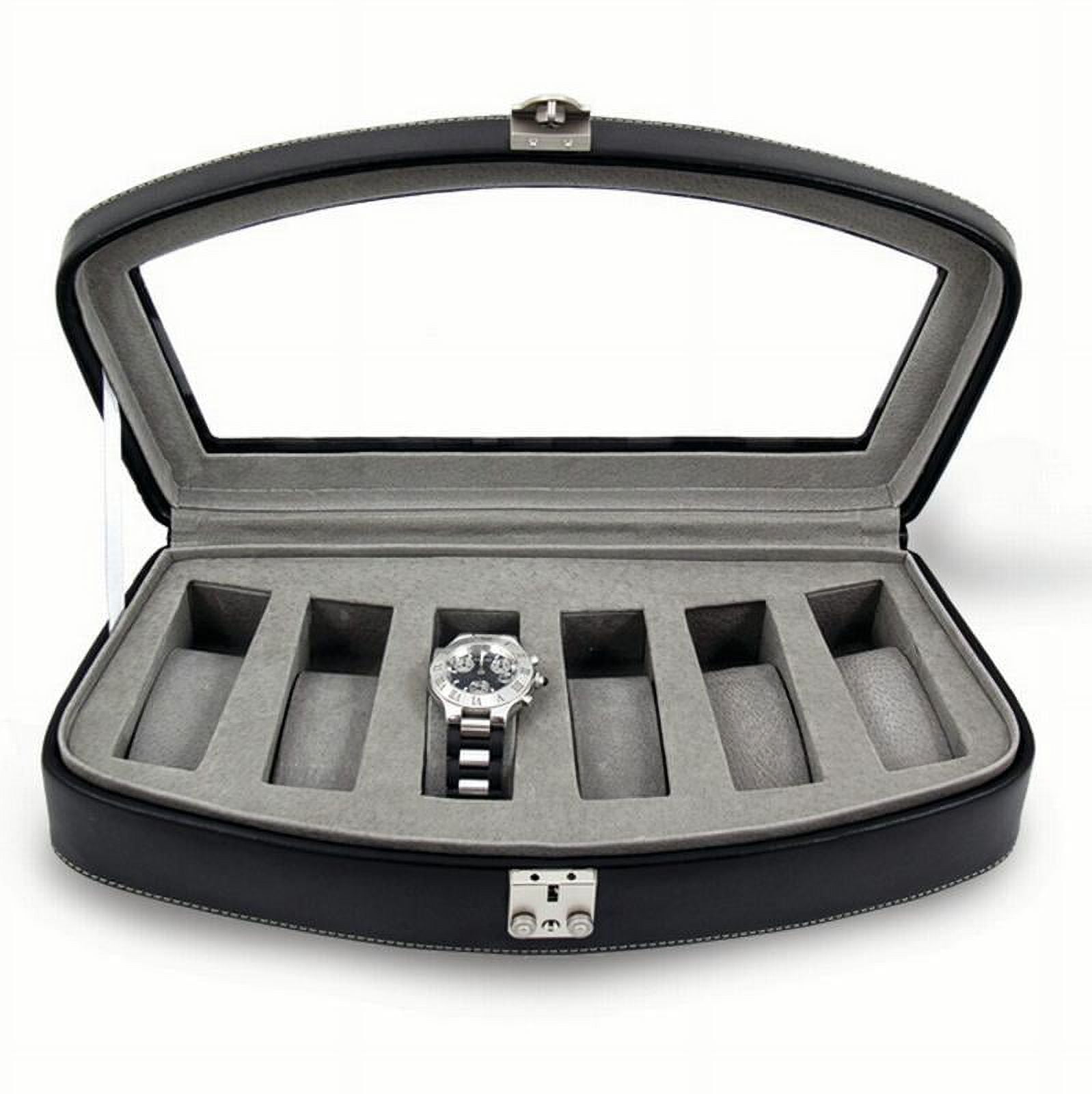 Black Leather Glass Lid Pigskin Lined Locking 6-Watch Case QGM13146 ...