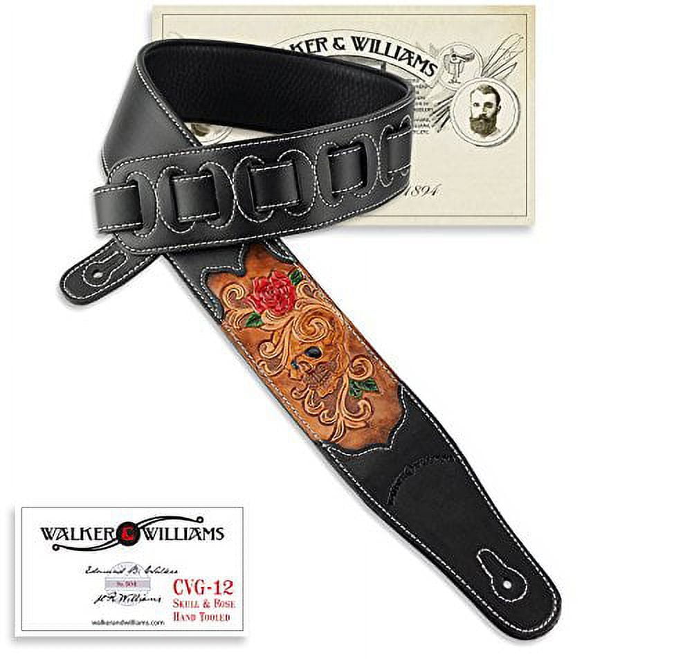 Black Leather Grateful Skull & Red Rose Guitar Strap Hand Tooled Walker ...