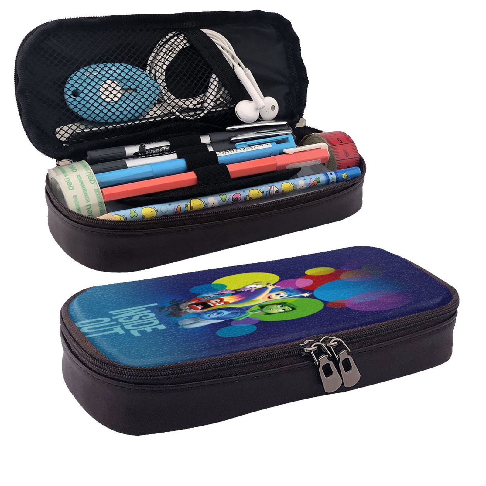 Black Leather Inside O-u Pencil Pouch Case Makeup Bag Large Capacity ...