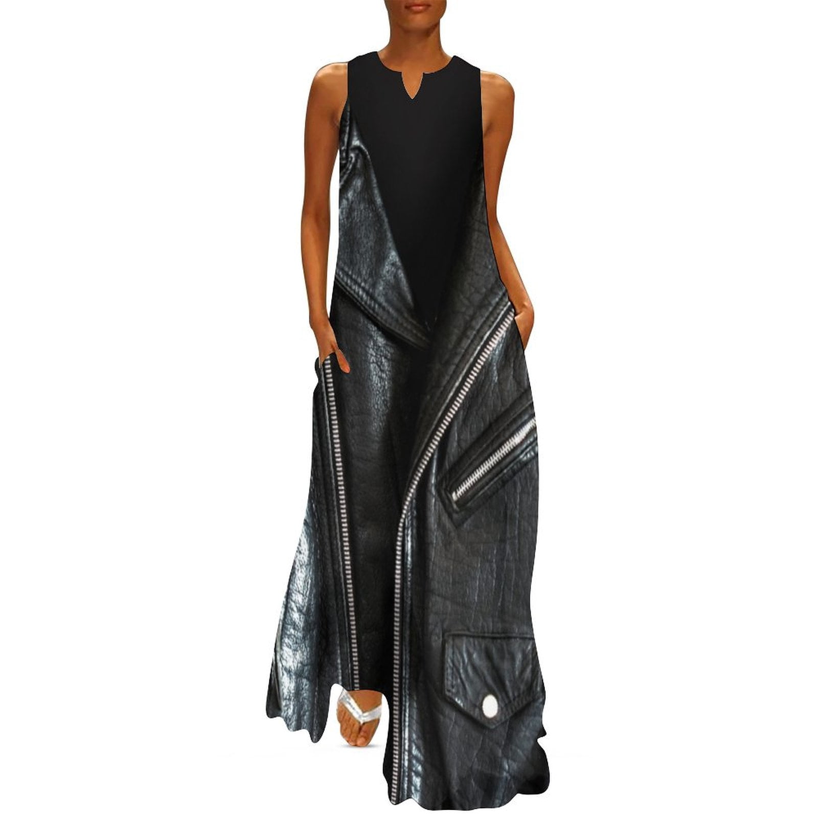 Black Leather Jacket Long Dress women evening dress summer clothes ...