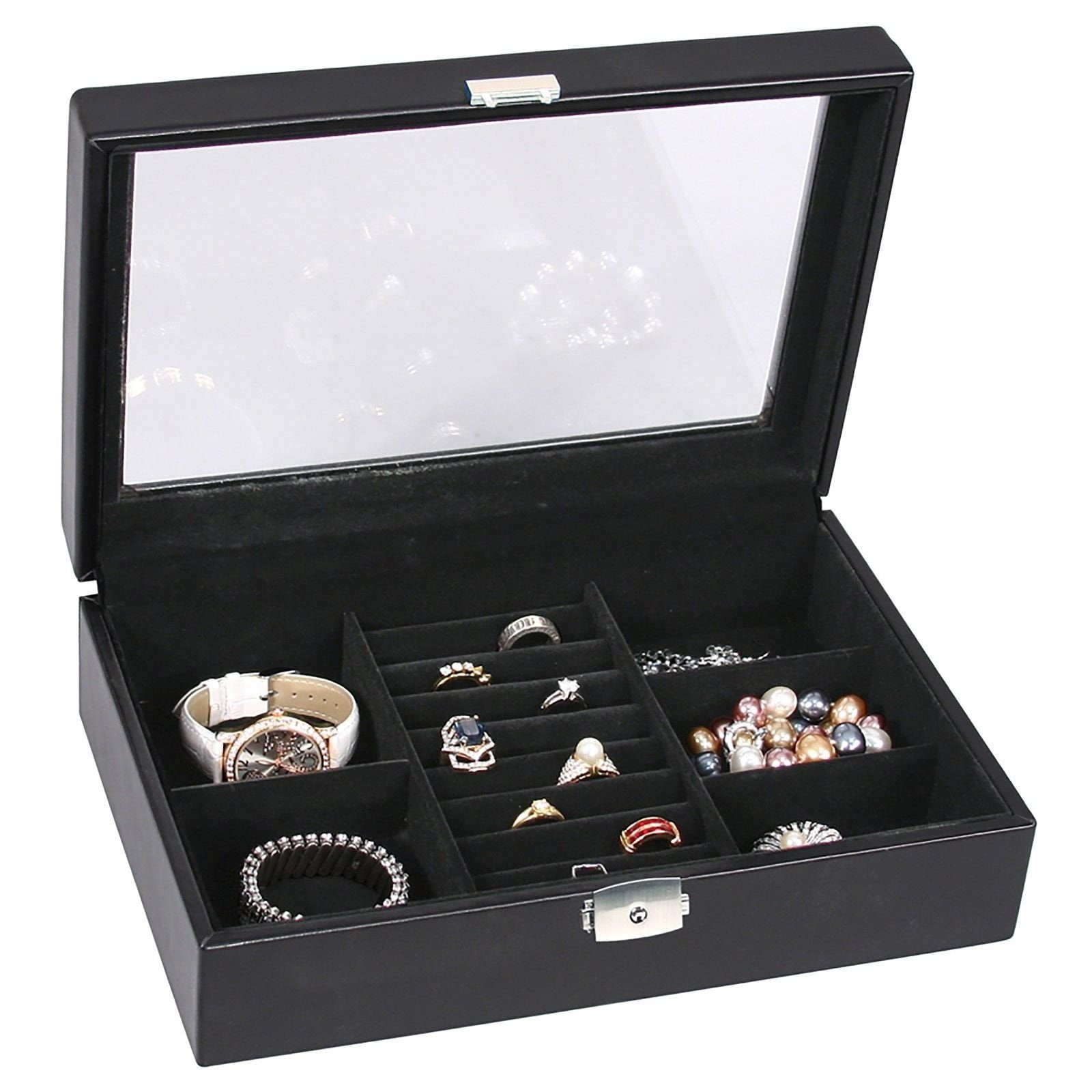 Black Leather Jewelry Storage Case Glass Top Box Display with Lock and ...