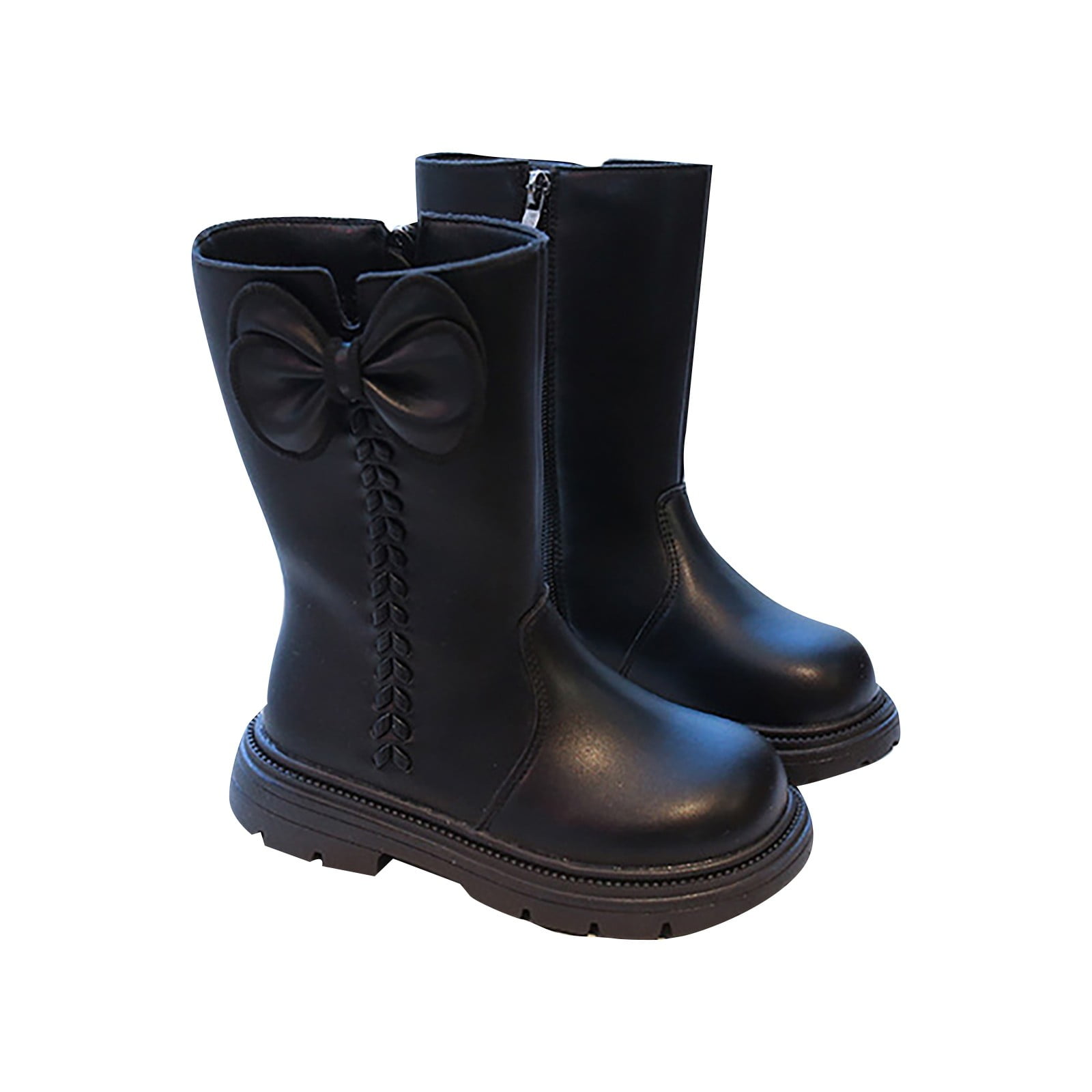 Black Leather Mid-Calf Boots for Big Kids and Teens - Zip Closure, Punk ...