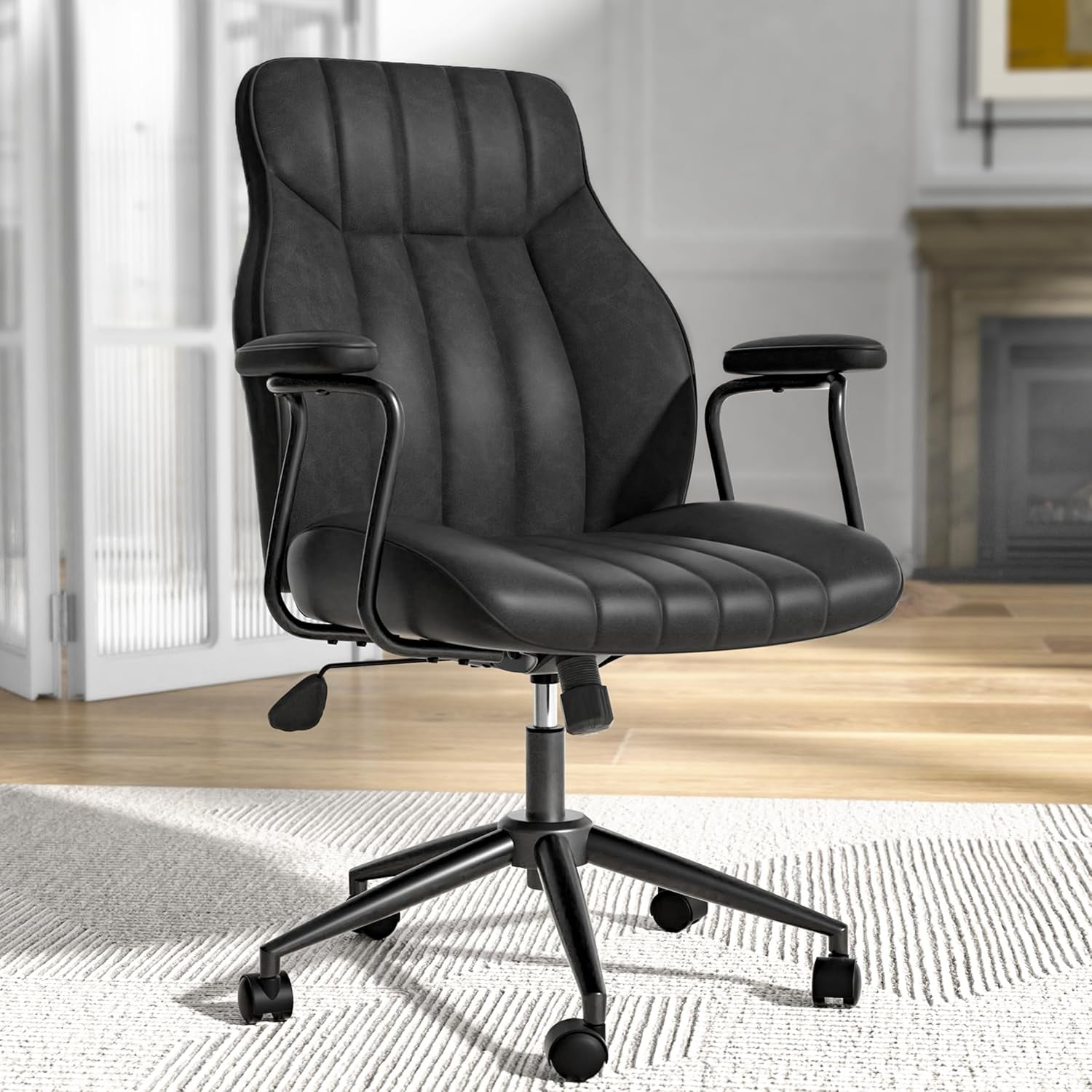 Black Leather Office Desk Chair with Wheels and Arms, Height Adjustable ...