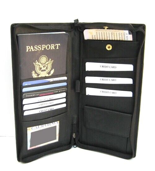 Black Leather Passport Cover Ticket Boarding Travel Organizer Wallet ...