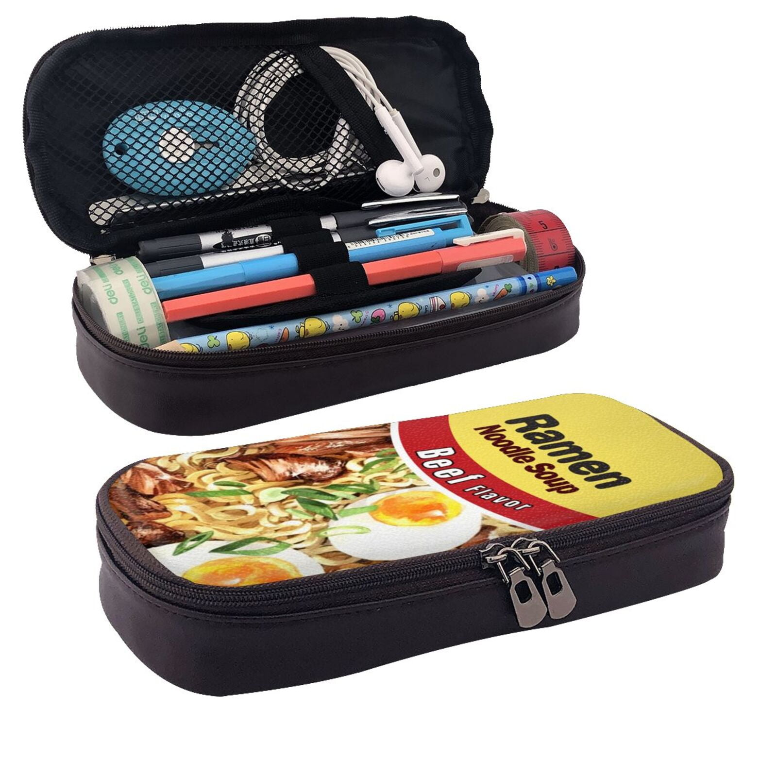 Black Leather Ramen Noodle Chicken Pencil Pouch Case Makeup Bag Large ...