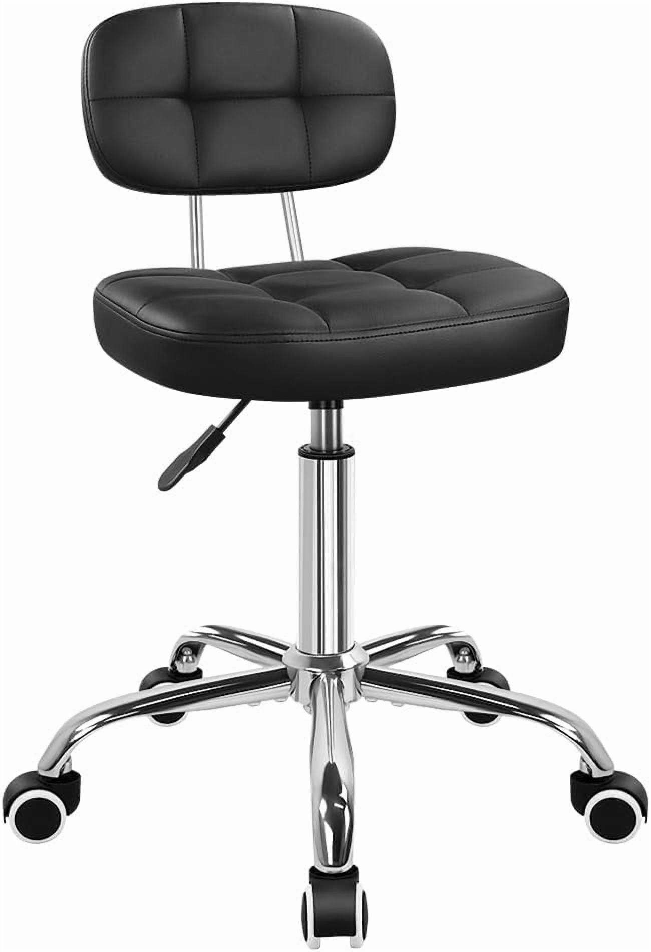 Black Leather Rolling Office Stool with Swivel Wheels and Backrest ...