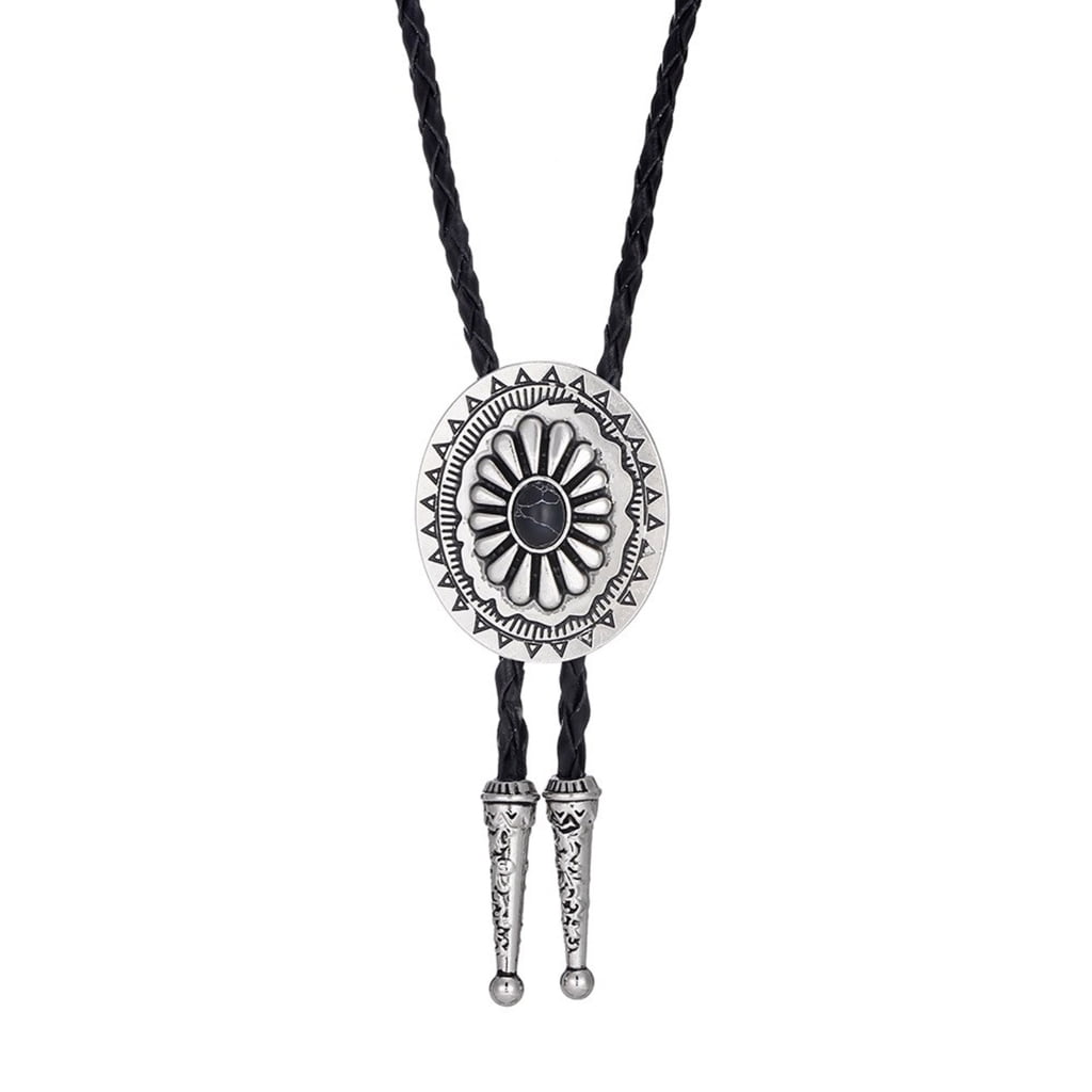 Black Leather Rope Lariat Necklace Cowboy Western Necktie Metal Flower ...
