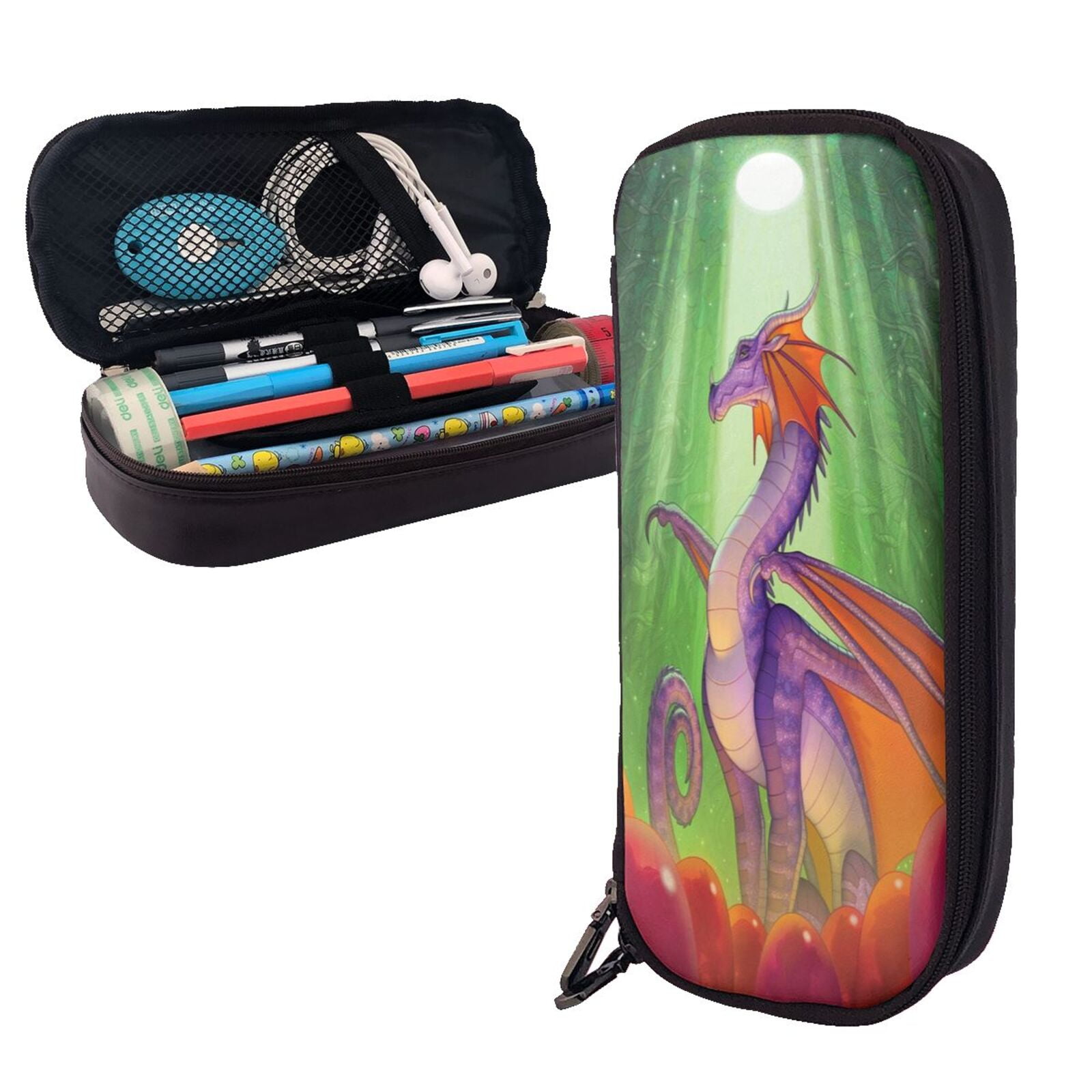 Black Leather Wings Dragon Fire Pencil Pouch Case Makeup Bag Large ...