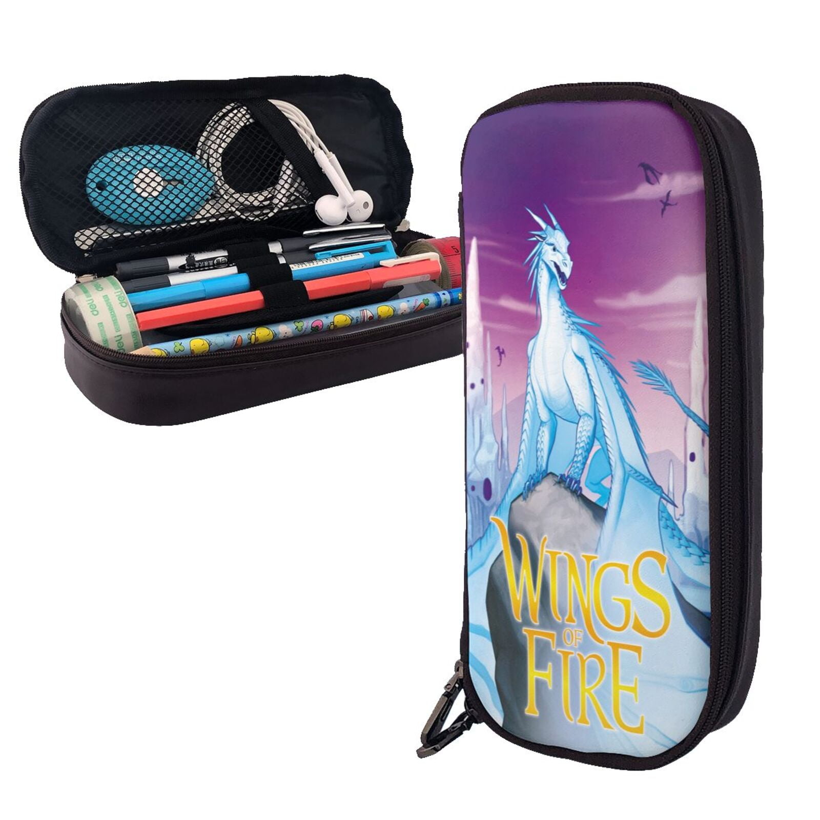 Black Leather Wings Dragon Fire Pencil Pouch Case Makeup Bag Large ...