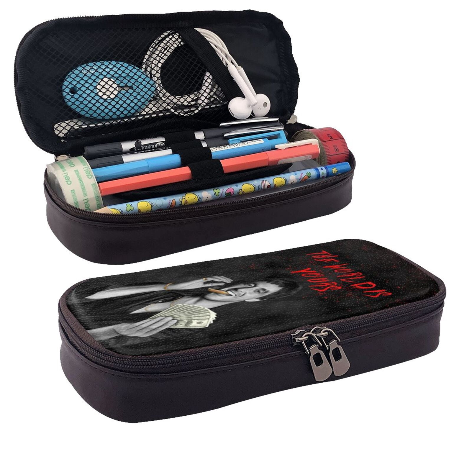 Black Leather Scar-fac Pencil Pouch Case Makeup Bag Large Capacity ...