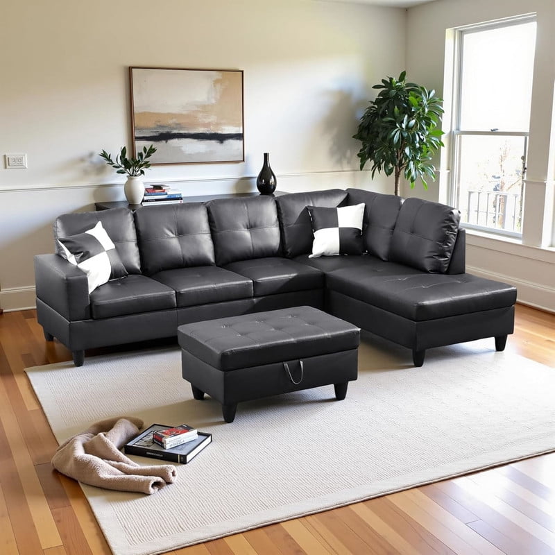 Black Leather Sectional Sofa Set for Living Room Furniture Set,103 ...