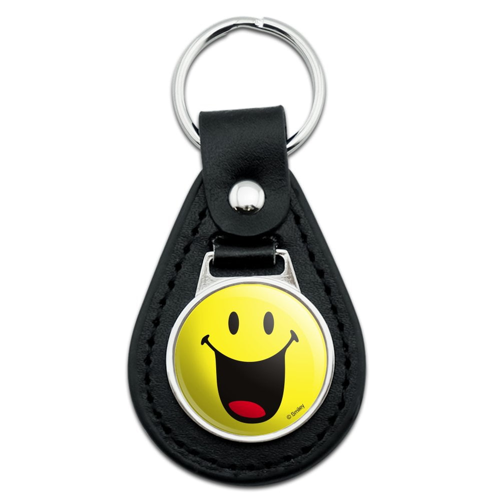 Black Leather Smiley Smile Happy Mouth Tongue Yellow Face Keychain ...