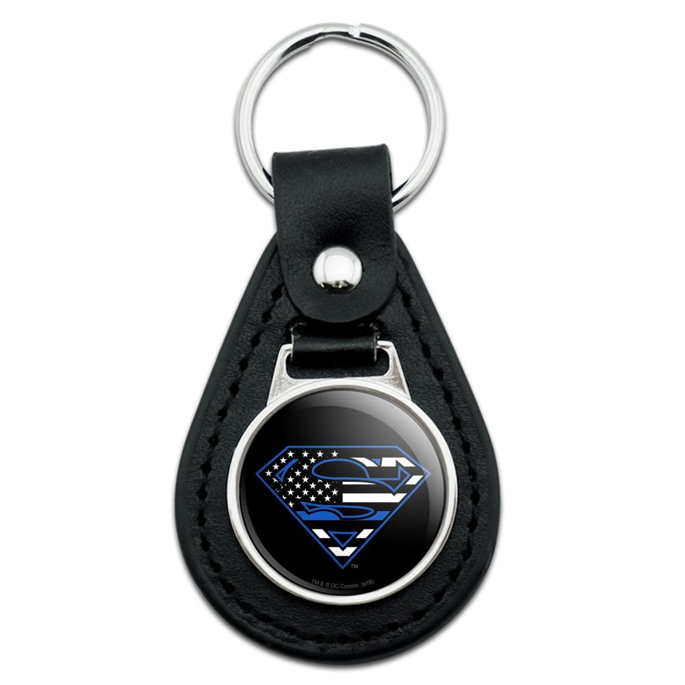 Black Leather Superman Thin Blue Line Flag Shield Logo Keychain ...