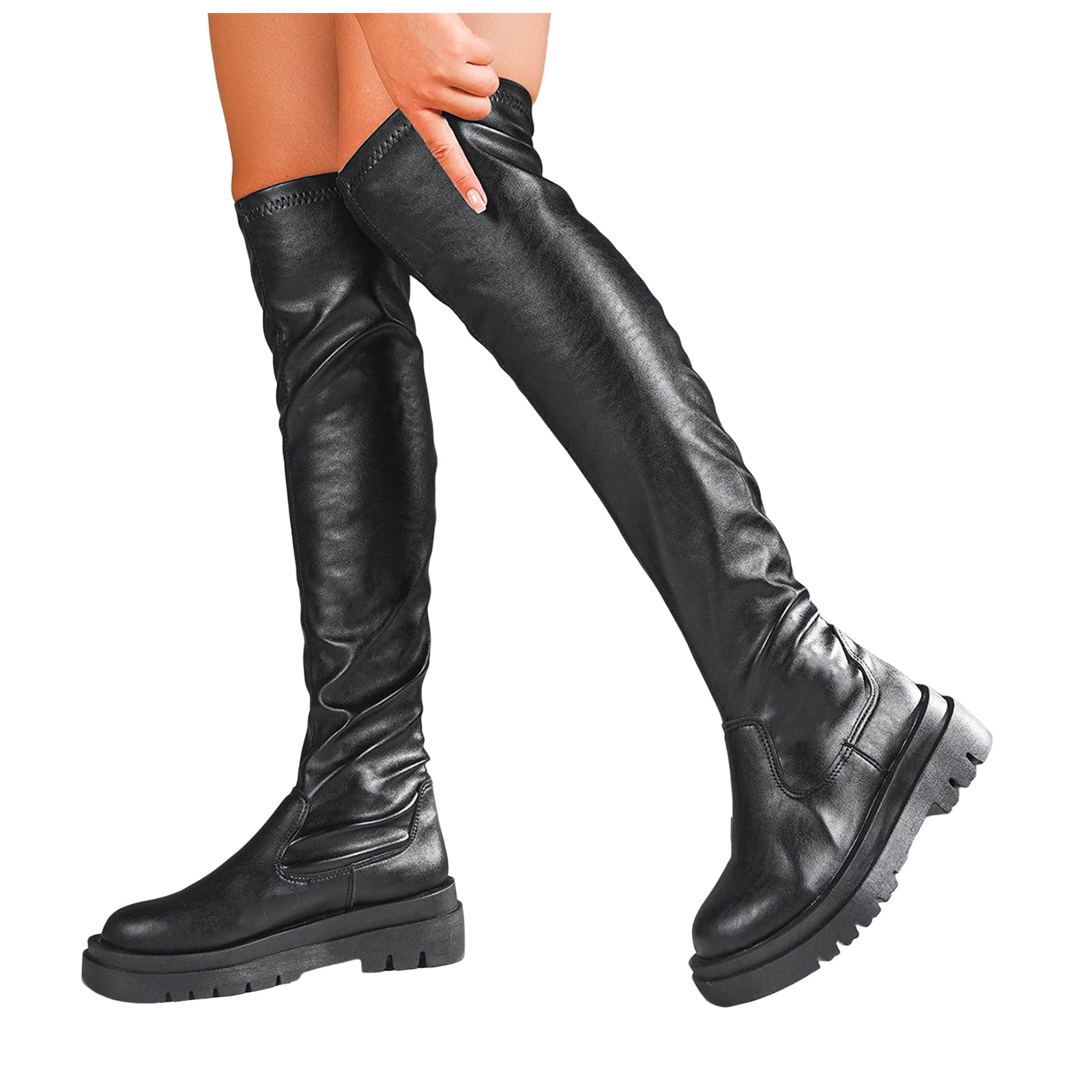 Black Leather Thigh High Boots for Women Lug Sole Stretch Platform Over ...