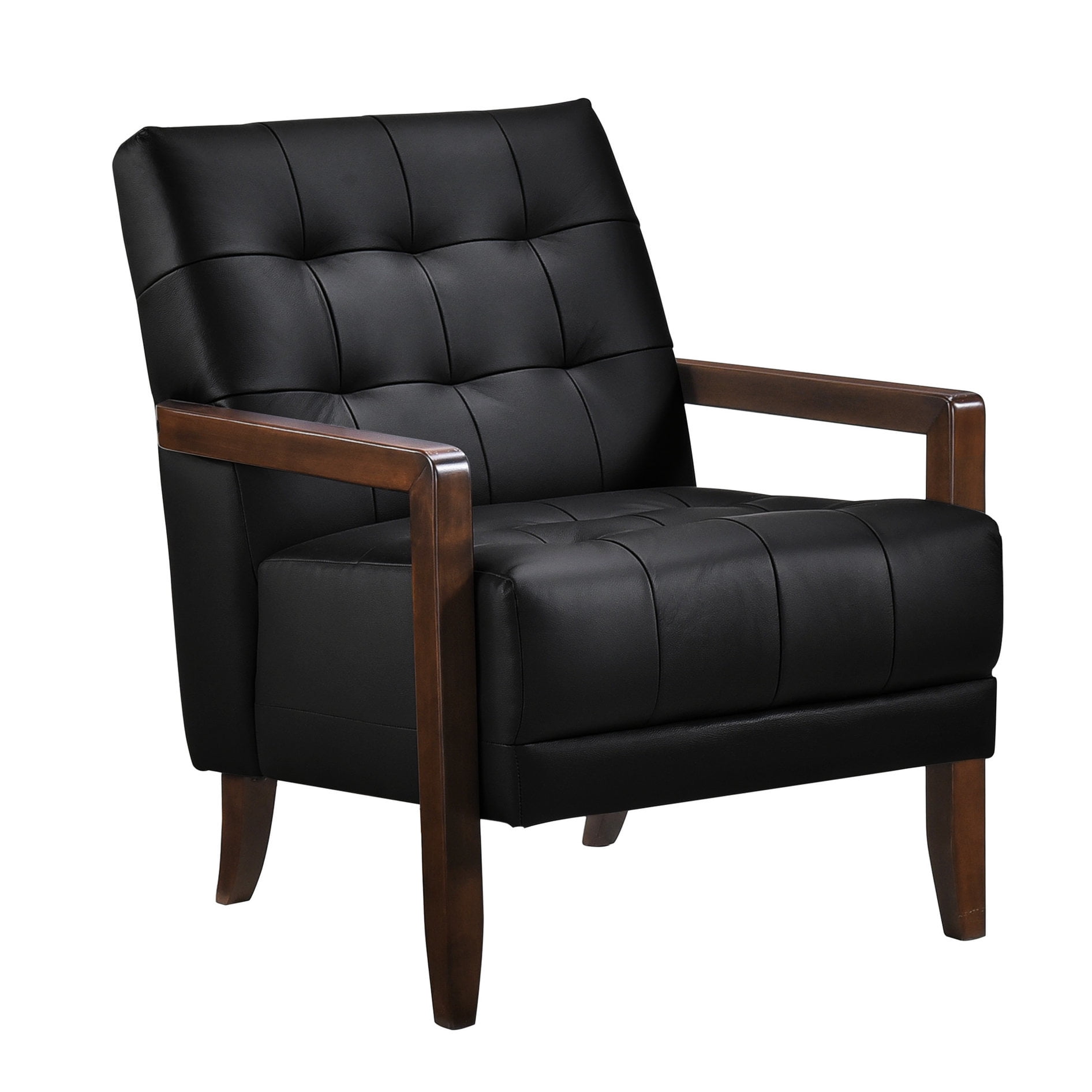 Black Leather Upholstered Accent Chair with Solid Wood Arms and Legs ...