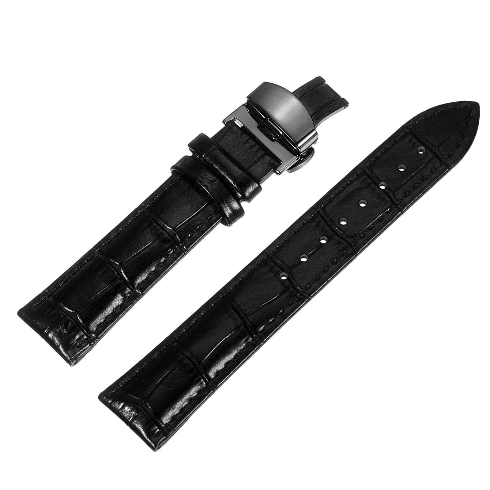 Black Leather Watch Band 20mm Quick Release Genuine Strap with Black ...