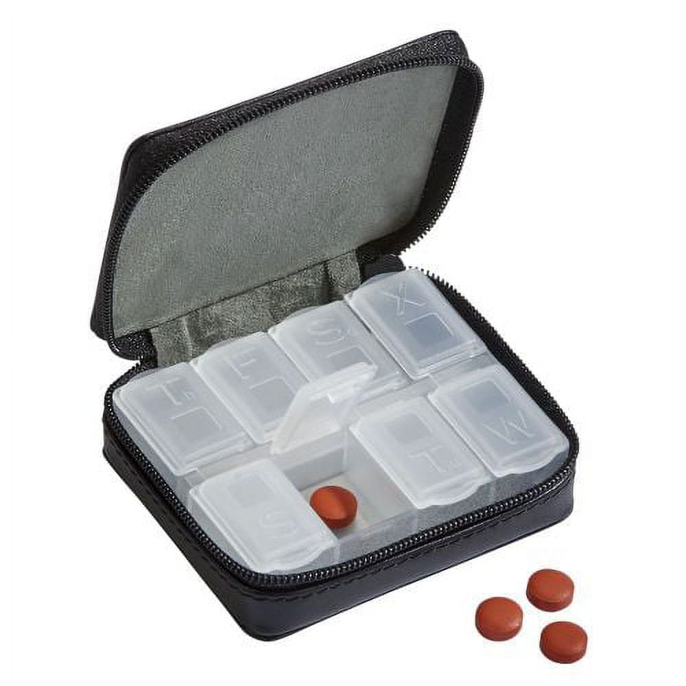 Black Leather Zippered Pill Case with 8 Plastic Hinged Compartments ...
