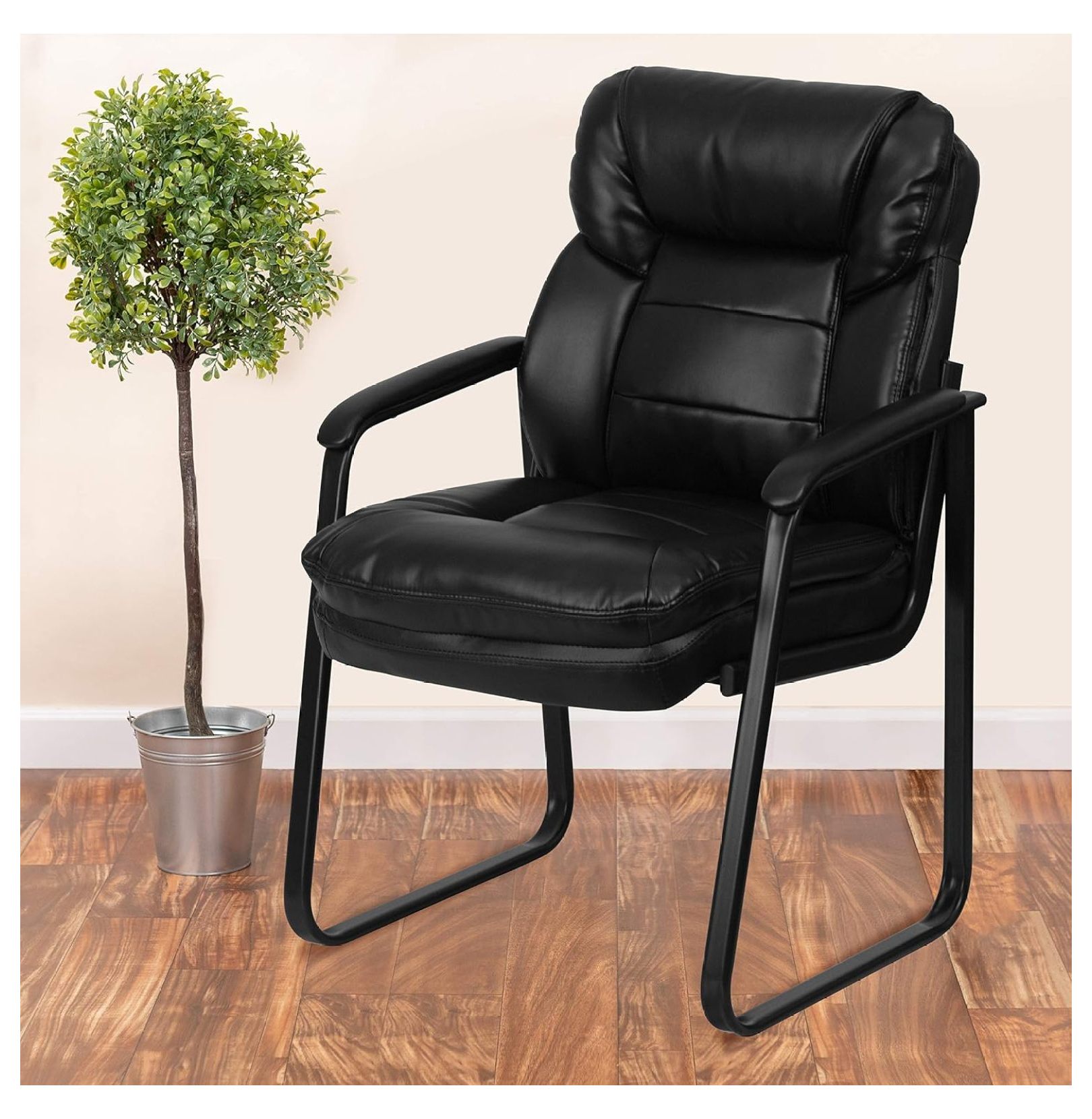 Black LeatherSoft Side Chair with Lumbar Support and Sled Base ...