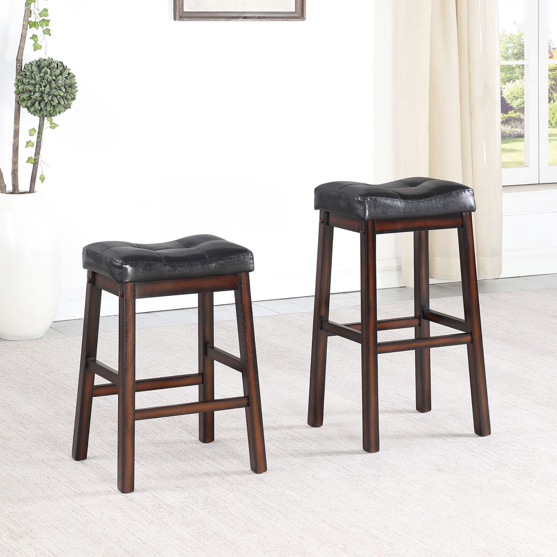 Black Leatherette Upholstered Stools+Plush Cushion & Tufting Design ...