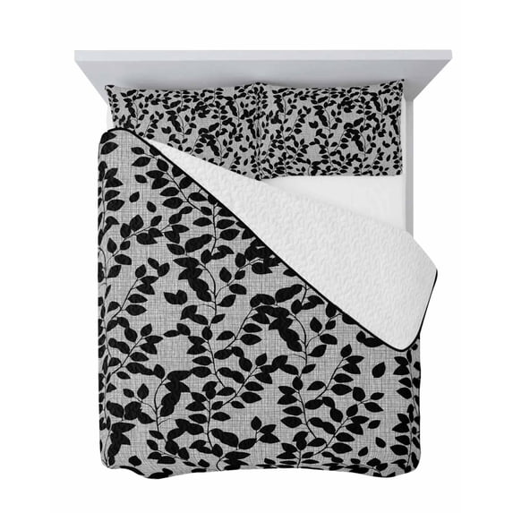 Black Leaves 3 Piece Quilt Set Queen Size, Branch Pattern Soft ...