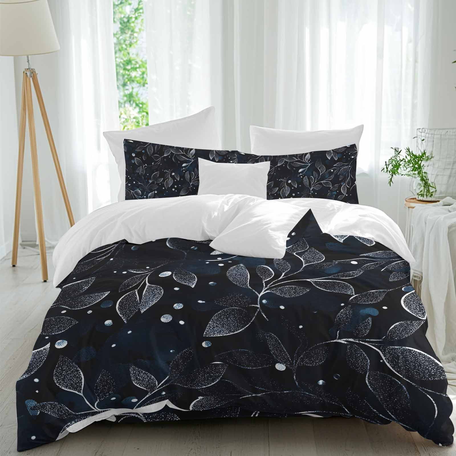 Black Leaves 4 Piece Duvet Cover Set Full Size Abstract Art White Dots ...