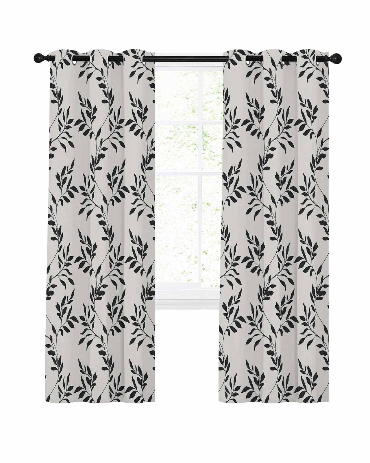 Black Leaves Blackout Curtains, Light Blocking Print Window Curtains ...