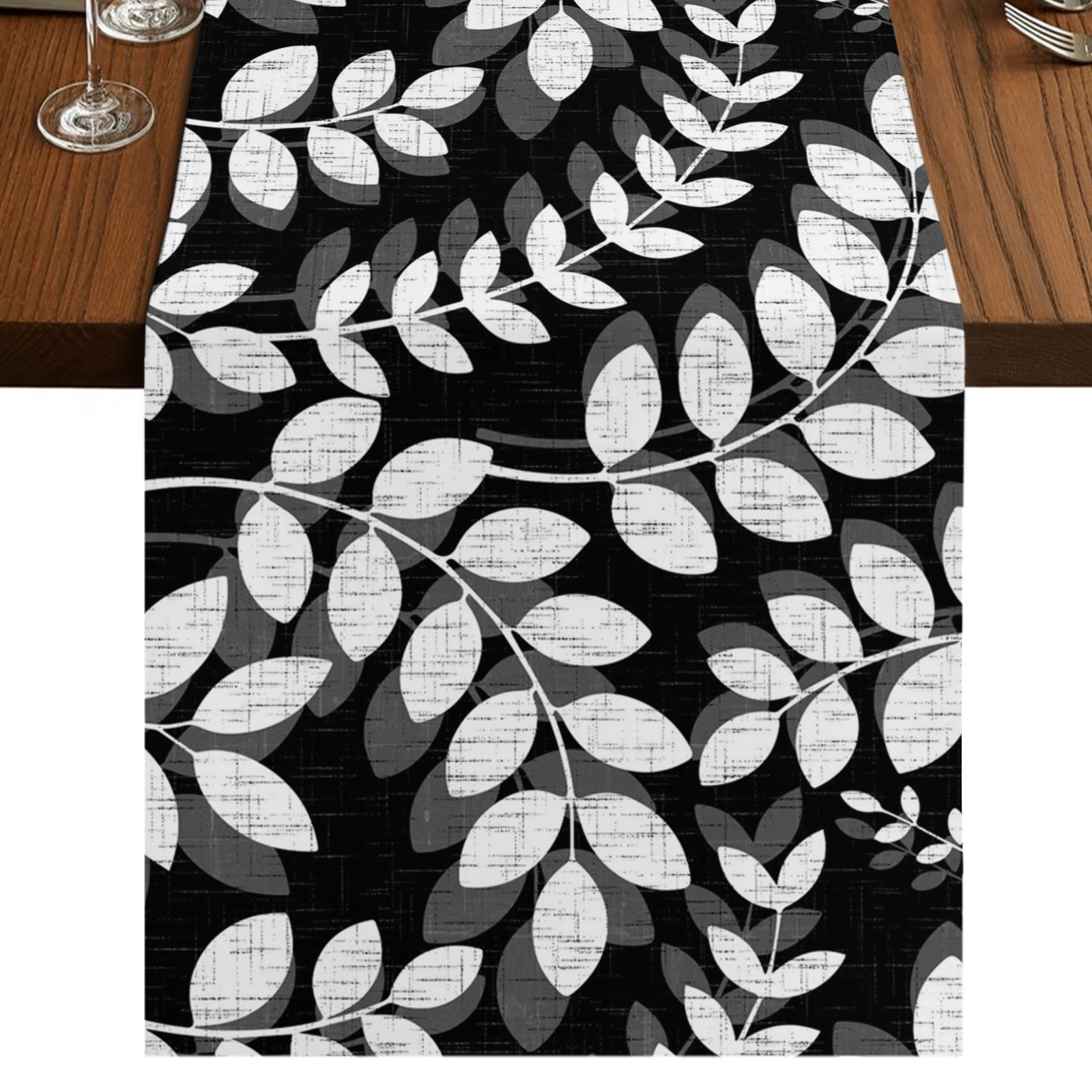 Black Leaves Burlap Cotton Table Runner 13x108 Inches Long, Farmhouse ...
