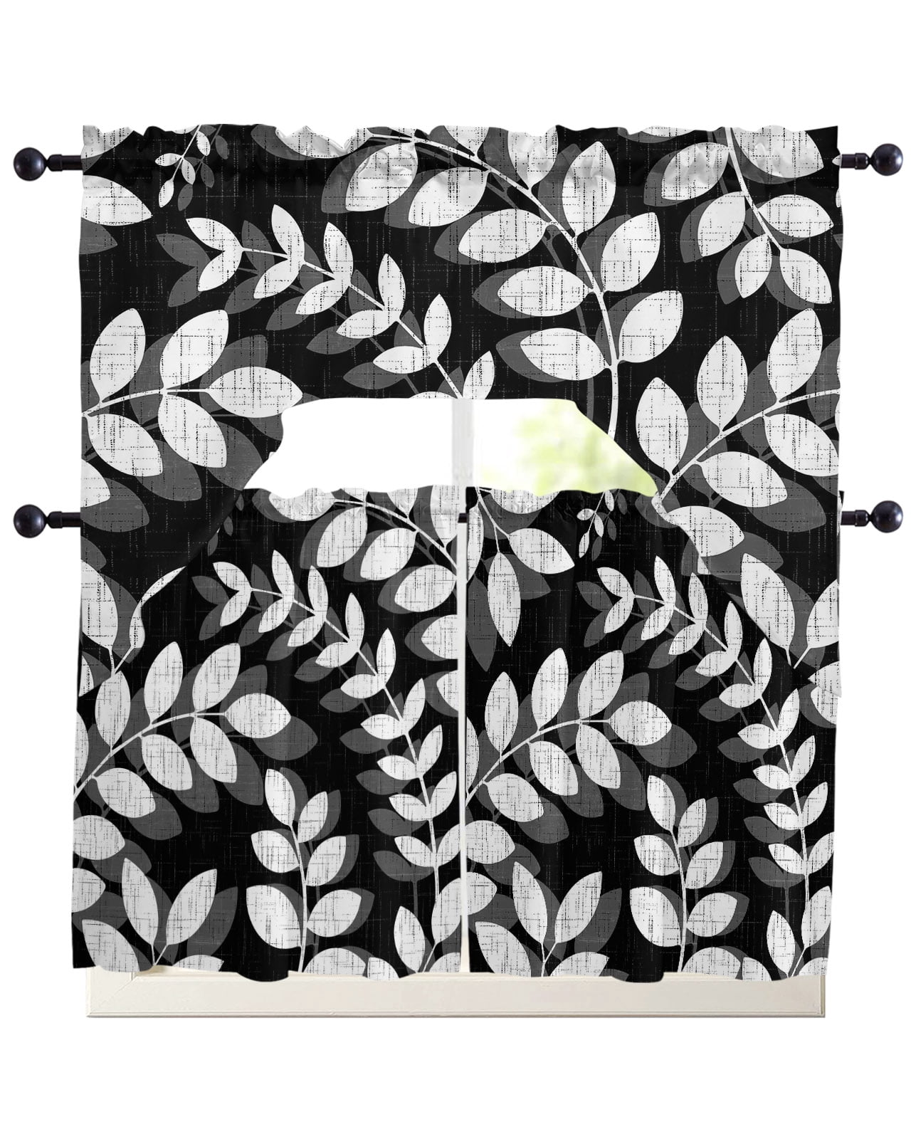 Black Leaves Kitchen Curtains Set for Windows 3 Piece Cafe Curtains 24 ...