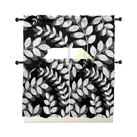 Black Leaves Kitchen Curtains Set for Windows 3 Piece Cafe Curtains 24 ...