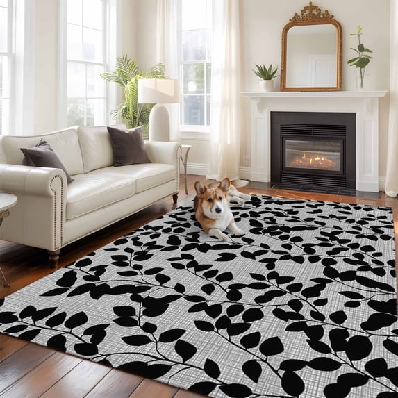 Black Leaves Large Area Rugs 5x8 ft Branch Pattern Washable Rug Non ...