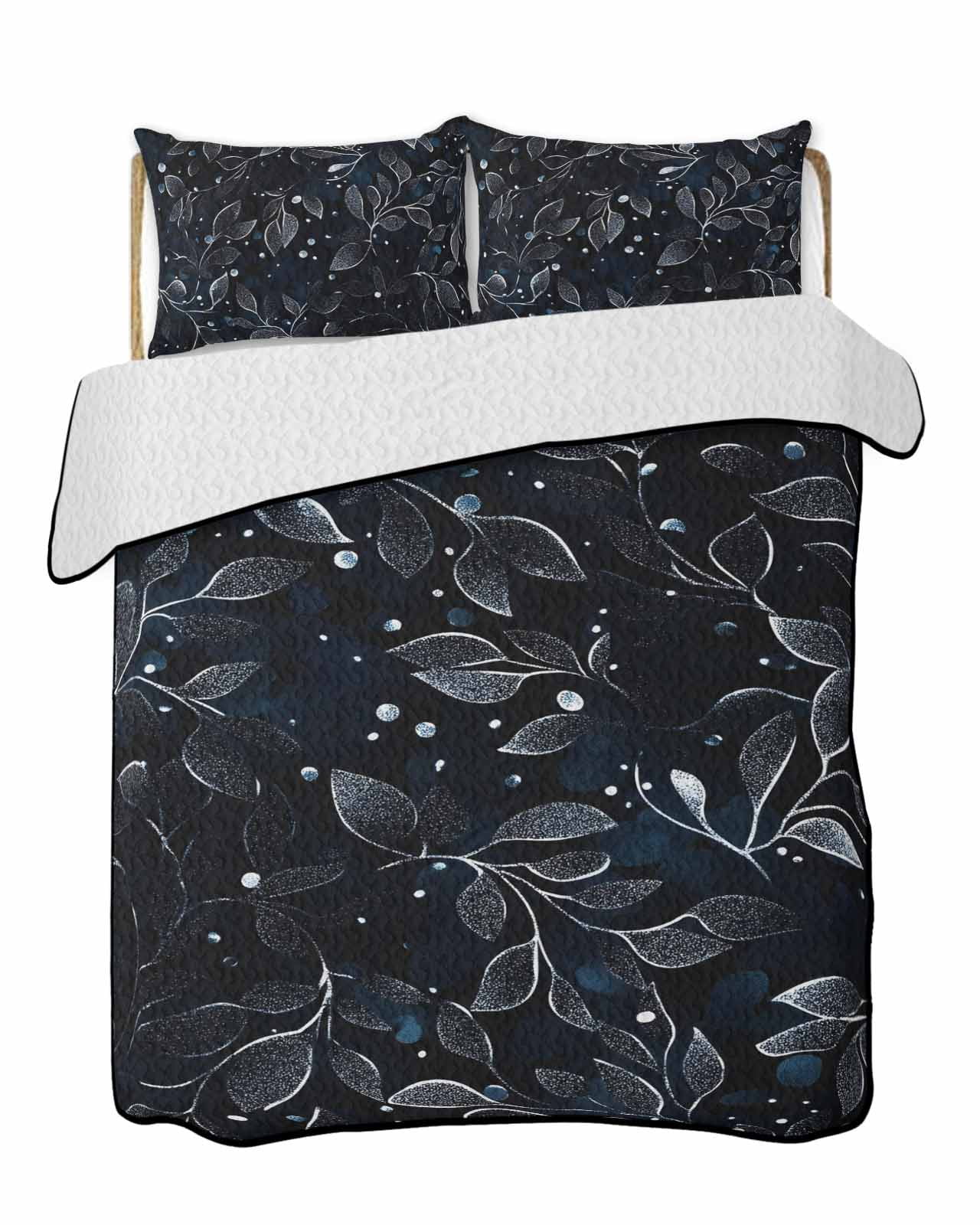 Black Leaves Quilts Bedding Set King Size Abstract Art White Dots ...