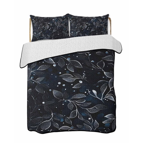 Black Leaves Quilts Bedding Set Queen Size Abstract Art White Dots ...