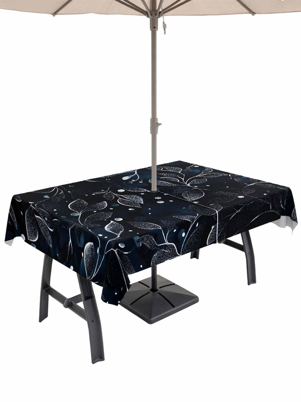 Black Leaves Rectangle Outdoor Tablecloth with Umbrella Hole Abstract ...
