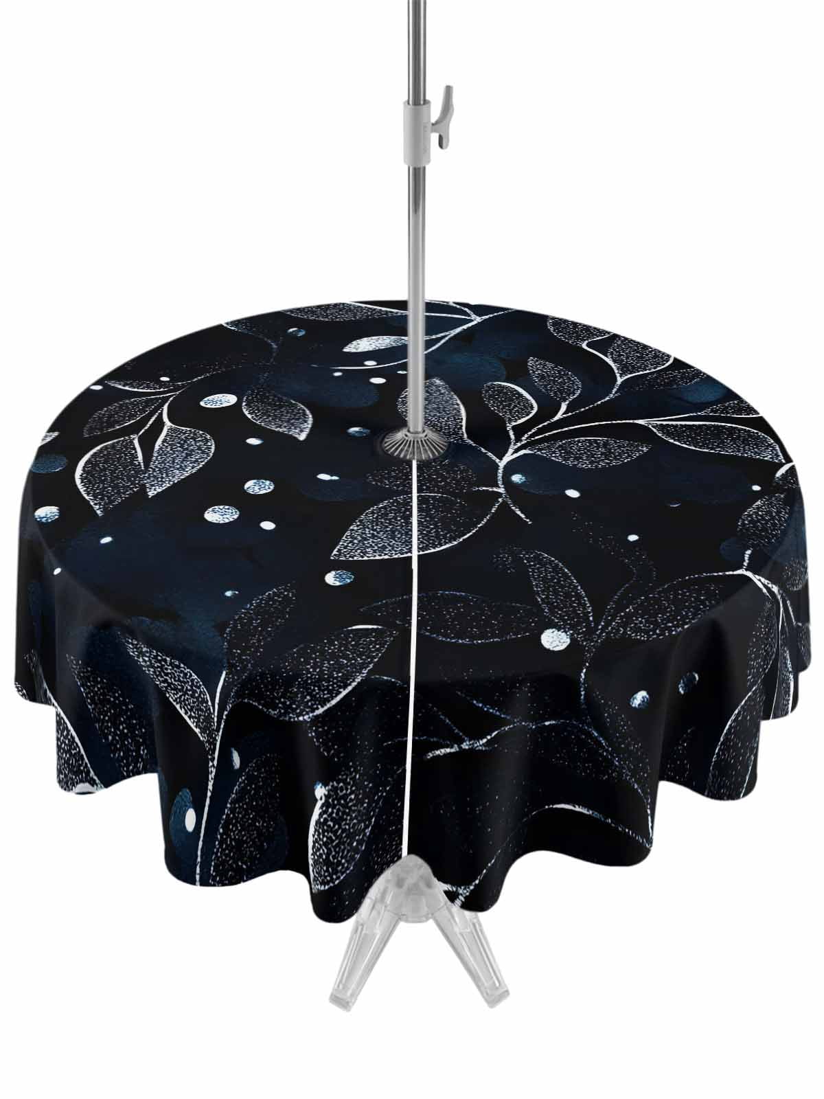 Black Leaves Round Outdoor Tablecloth with Umbrella Hole Abstract Art ...