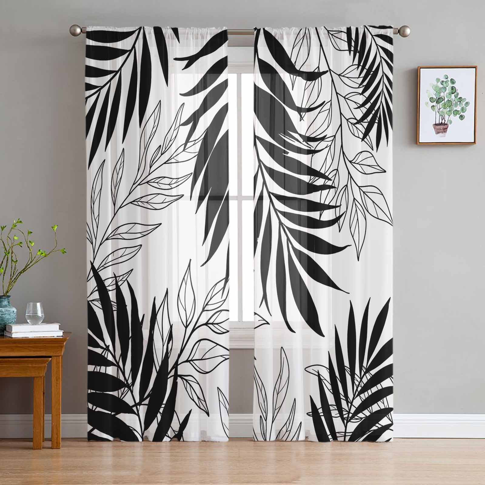 Black Leaves Sheer Curtains 72 Inches Long 2 Panels Set, Window Sheer ...