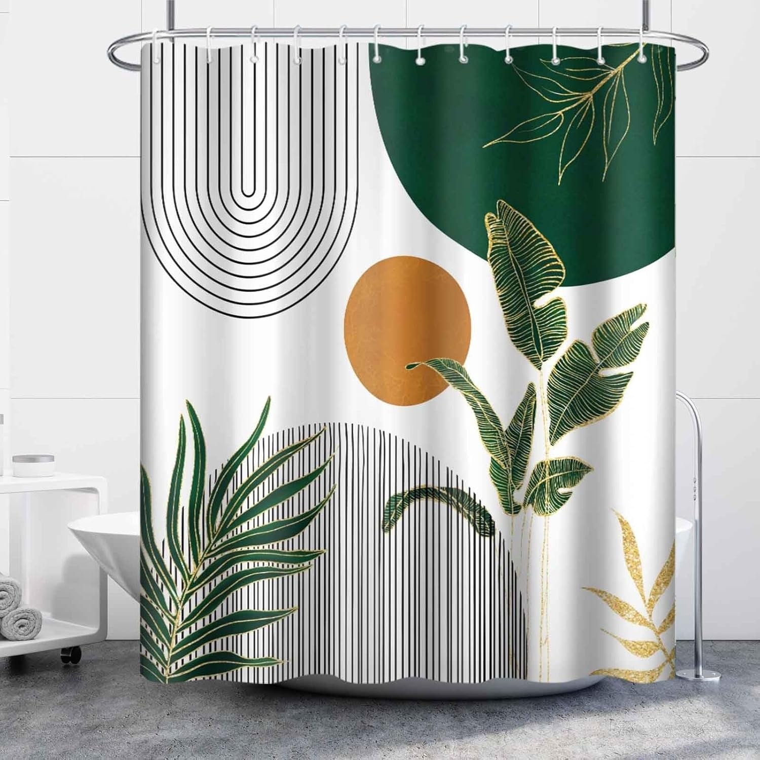 Black Leaves Shower Curtain Set with Hooks Minimalist Mountain Sunrise ...