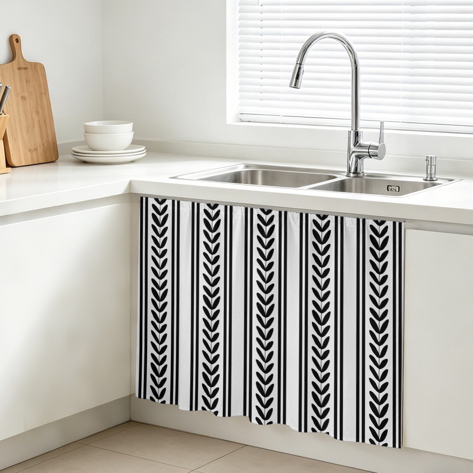 Black Leaves Striped Cabinet Curtain, Rustic Farmhouse Country Stripe ...