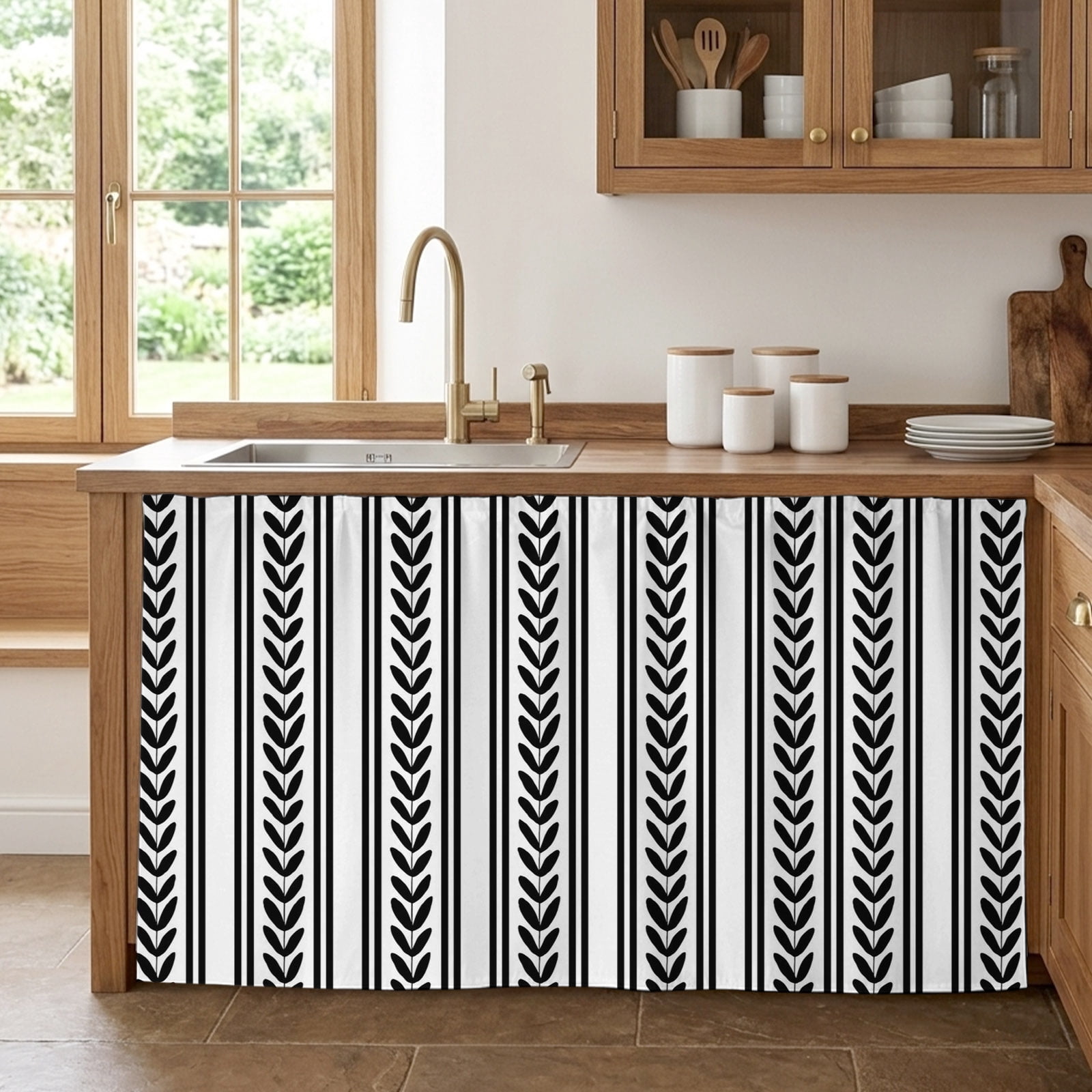 Black Leaves Striped Cabinet Curtains for Kitchen 32"W x 55"L, Rustic ...
