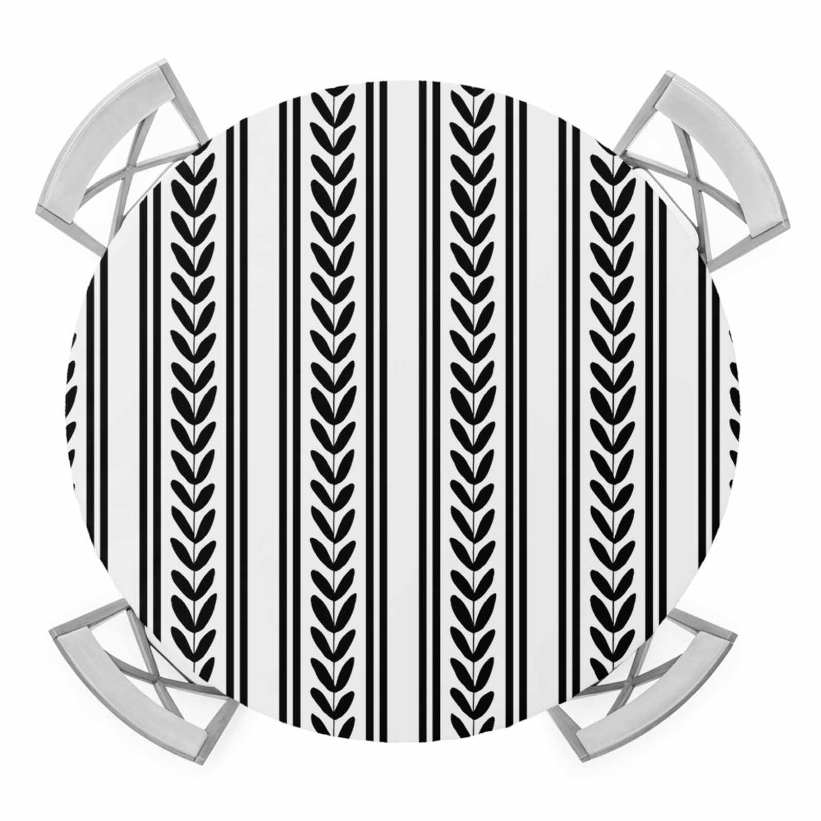 Black Leaves Striped Round Table Cover, Rustic Farmhouse Country Stripe ...