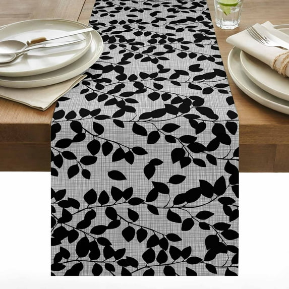 Black Leaves Table Runner 13x48 inch Branch Pattern Cotton Linen Dining ...