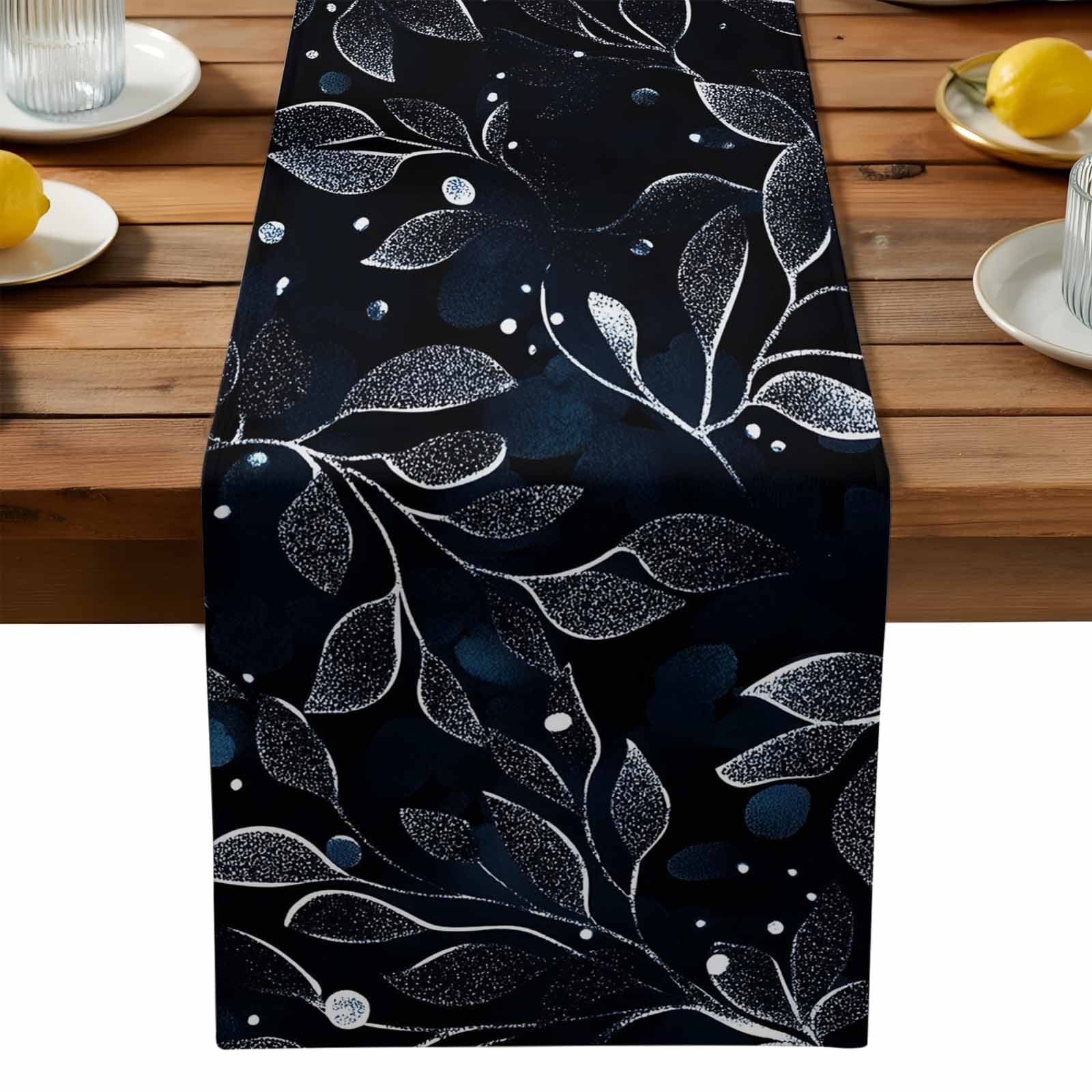 Black Leaves Table Runner, Abstract Art White Dots Silhouette Simple Kitchen Table Runners Dress ...