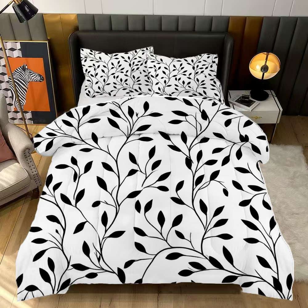 Black Leaves White Background Pattern Comforter Set Twin Size Bedding ...