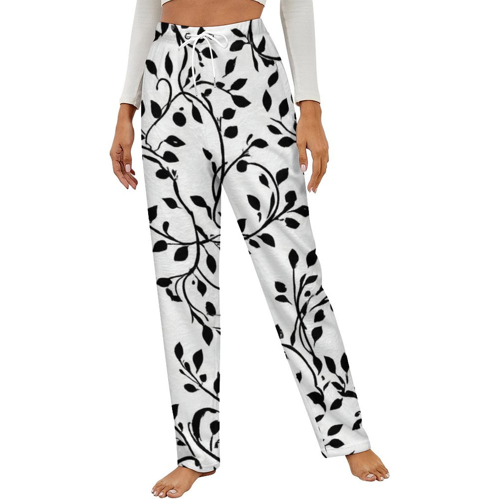 Black Leaves White Background Seamless Pattern Winter Female Pants ...