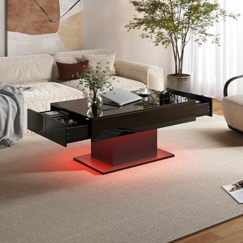 Black Led Coffee Table with 2 Storage Drawers for Living Room, Living ...