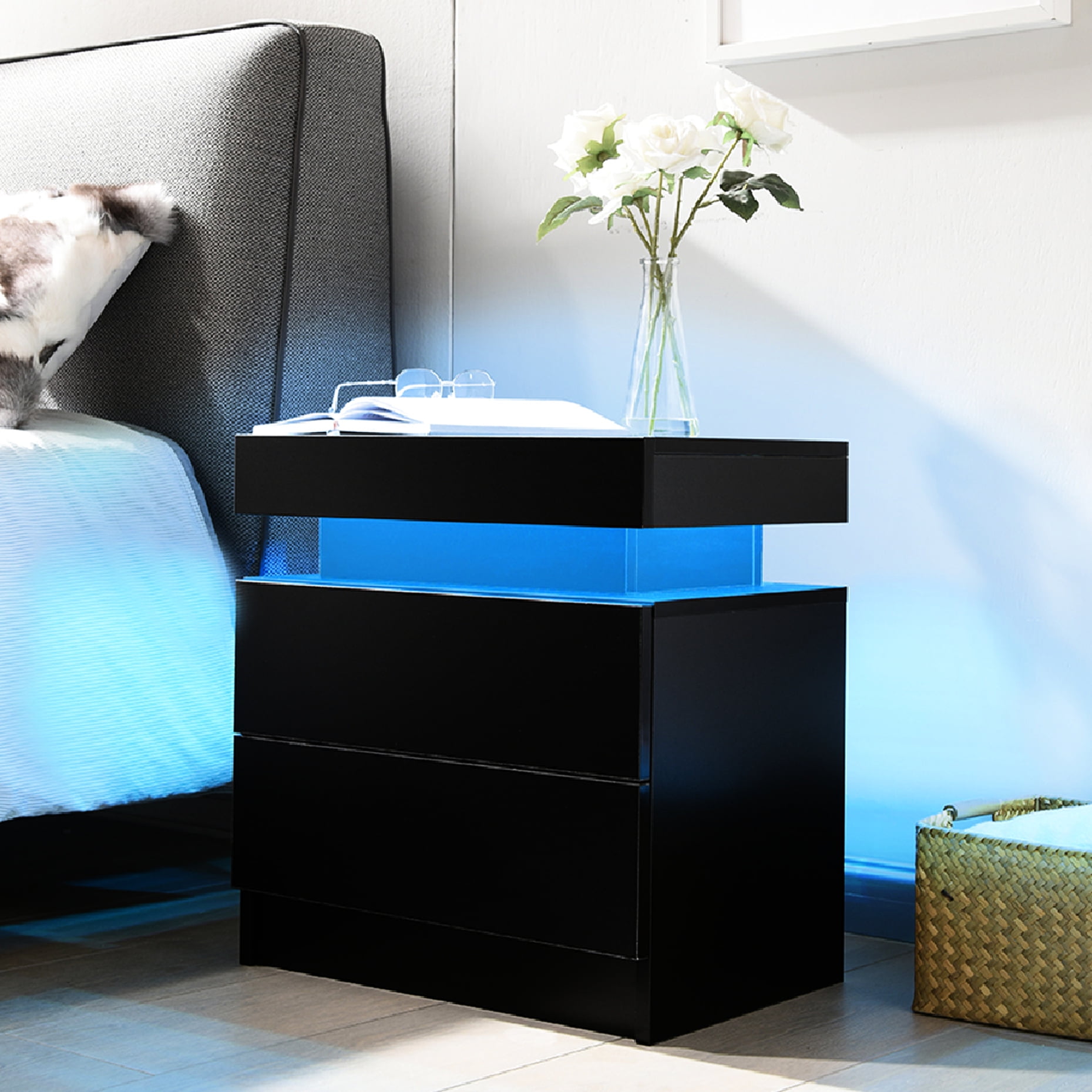 Black Led Side Table With 2 Drawers For Bedroom And Relaxation Area ...