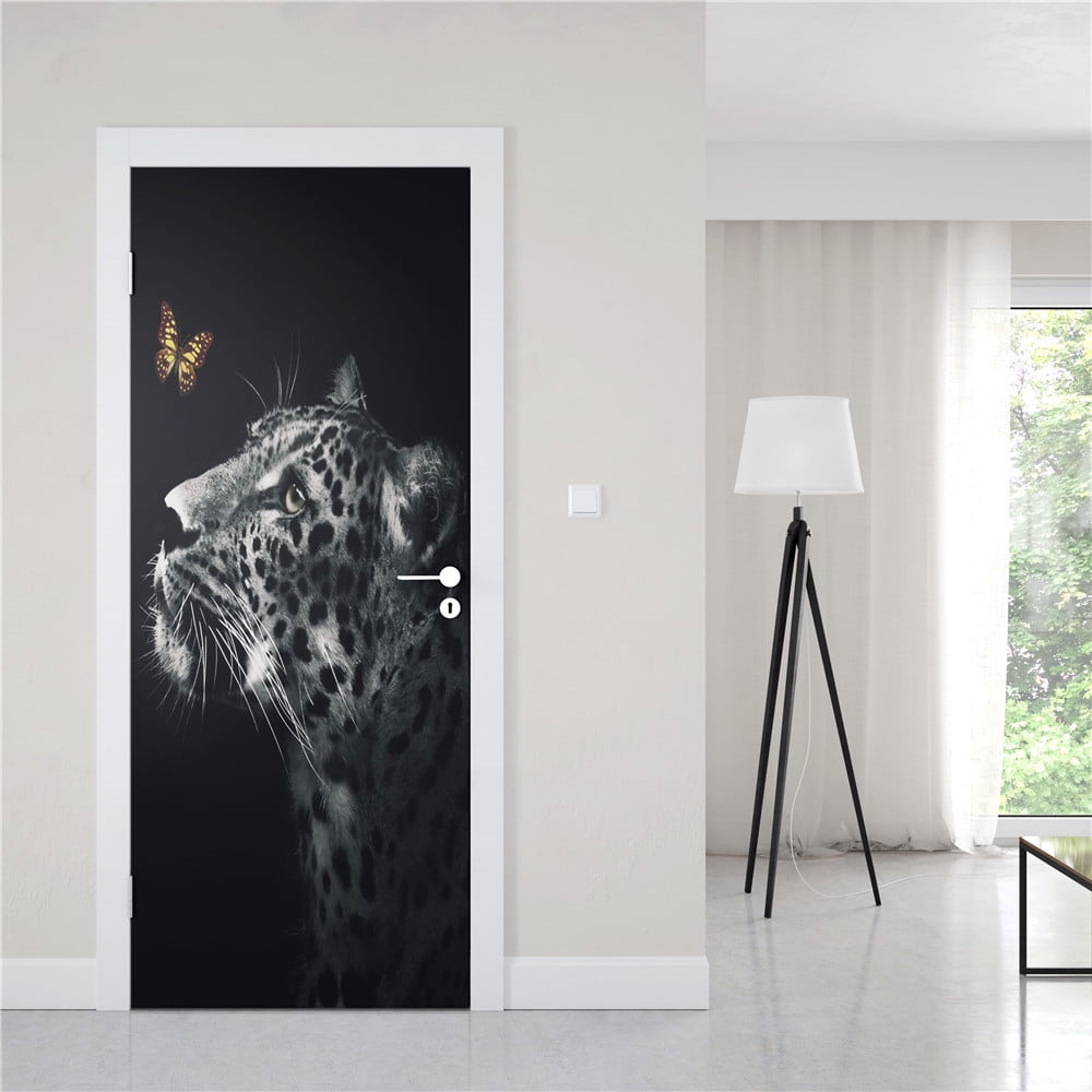 Black Leopard Animal Door Sticker Panther Butterfly Wallpaper Cheetah ...