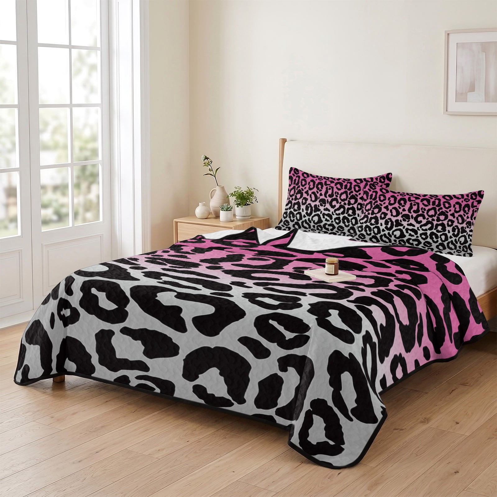 Black Leopard Animal Print Texture 3 Pieces Quilt Set,1 Quilt with 2 ...