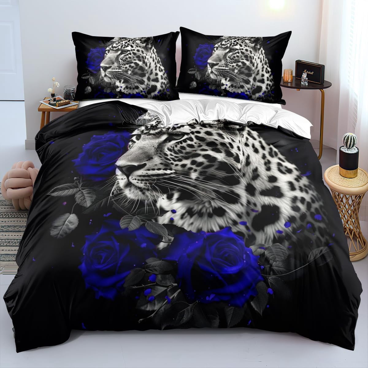 Black Leopard Duvet Cover Blue Flower Comforter Cover Flowers Rose ...